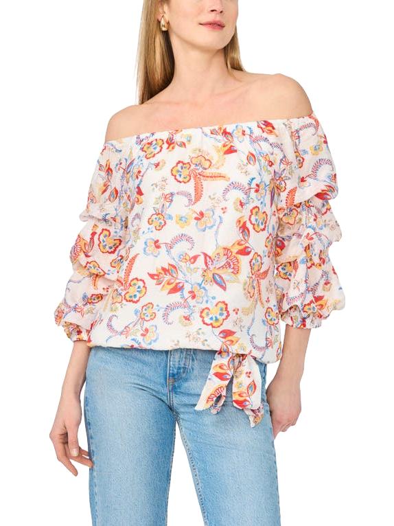VINCE CAMUTO Vince Camuto Off-the-Shoulder Top with Bubble Sleeves and Tie Hem